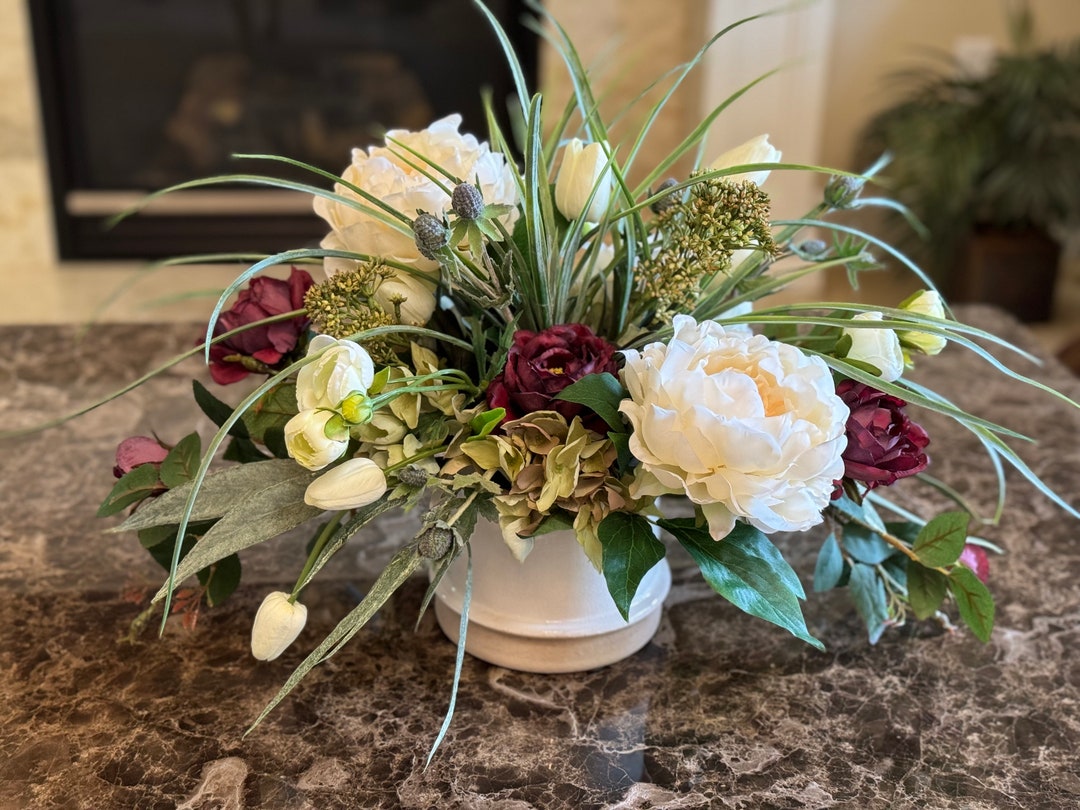 Neutral Silk Flower Arrangement: White & Purple Centerpiece in Ceramic ...