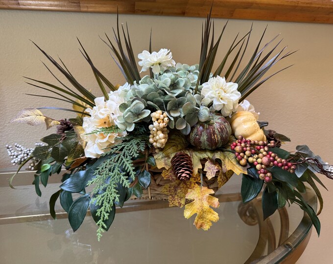 Neutral Fall Floral Arrangement With Pumpkins, Cream & Green Hydrangea ...