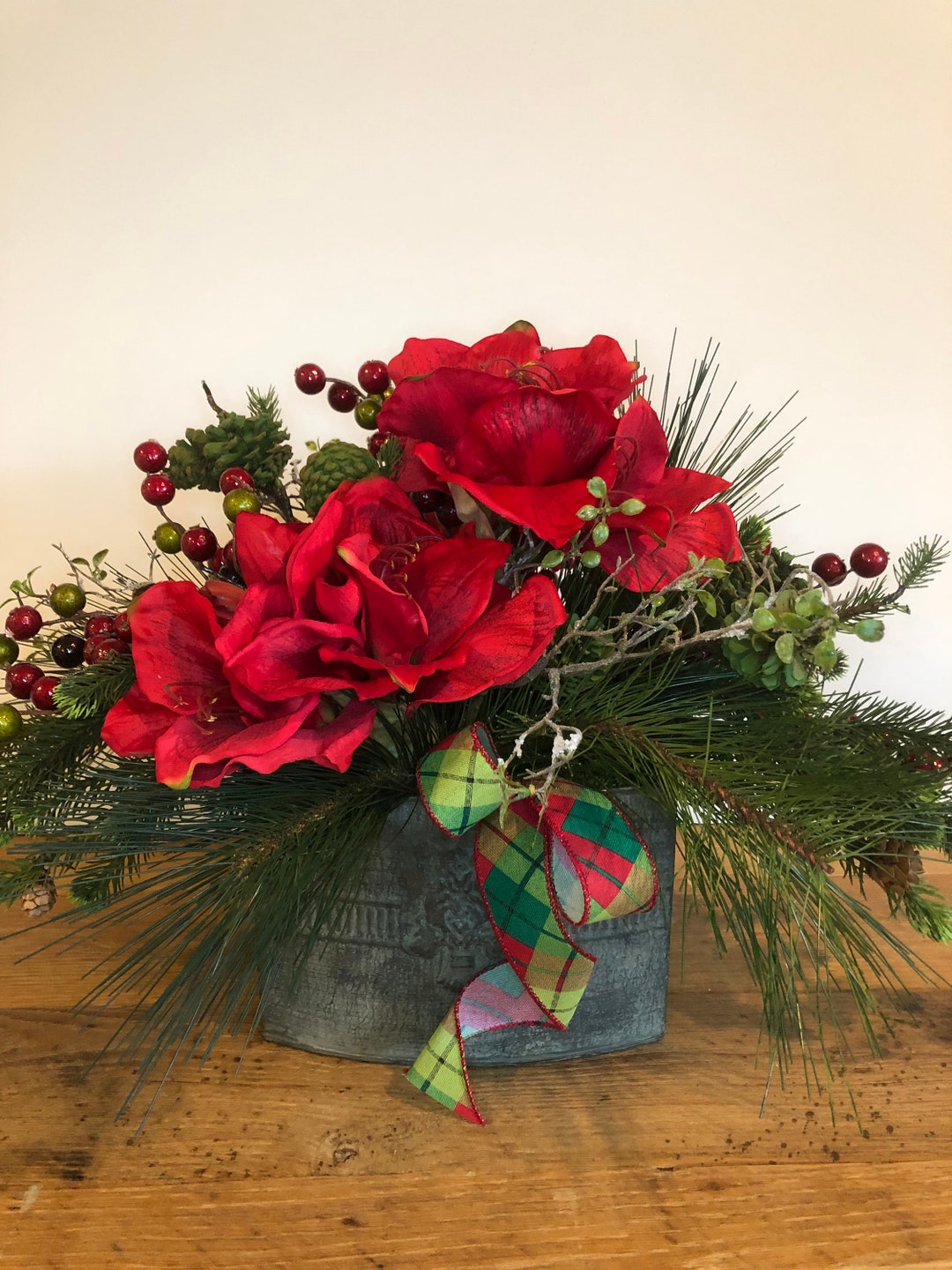 Red Amaryllis Floral Arrangement, Rustic Amaryllis Arrangement ...