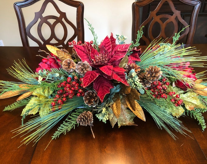 Elegant Poinsettia Arrangement, Large Christmas Dining Table Floral ...