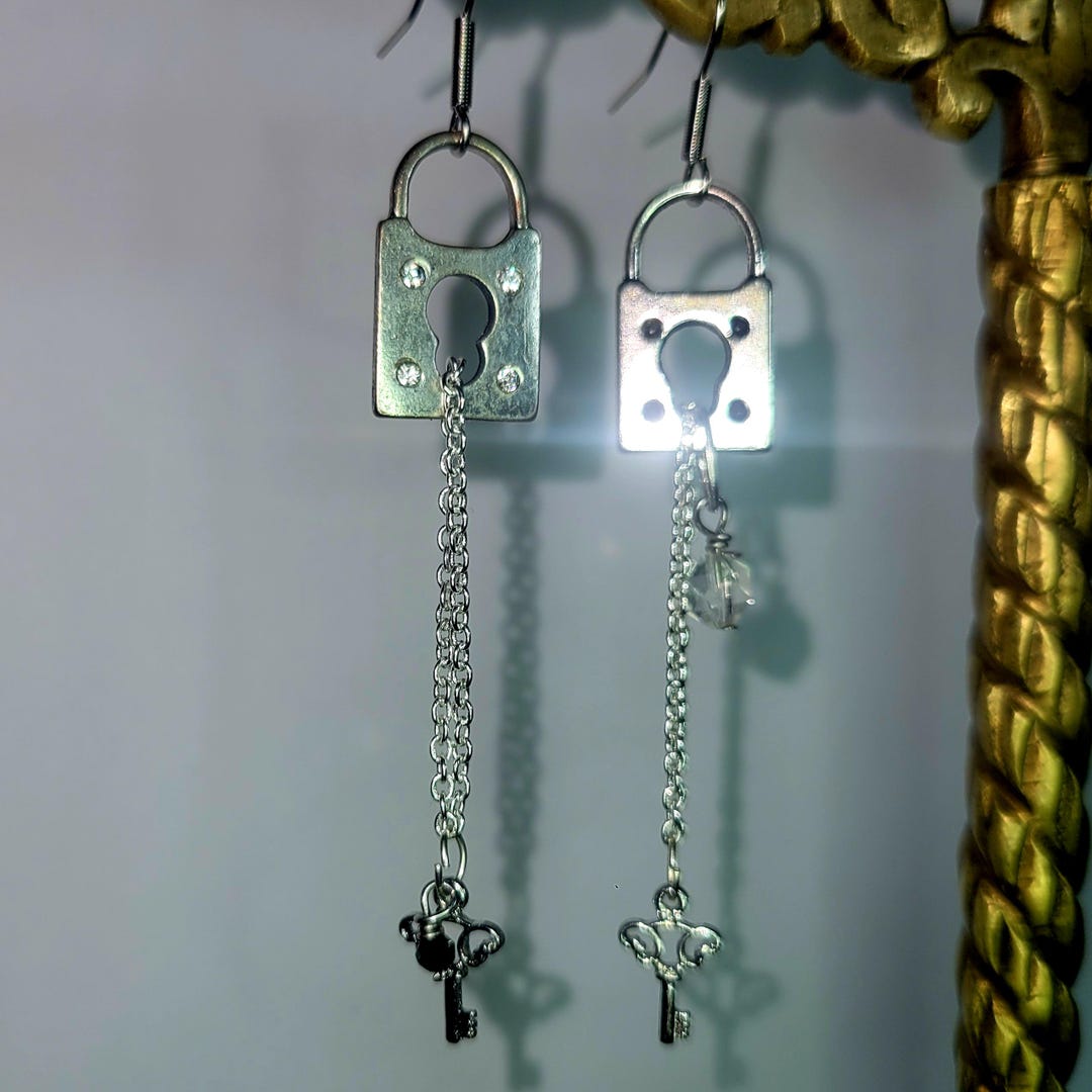 Silver Lock and Key Charm Earrings With Chain and Crystals - Open Your ...