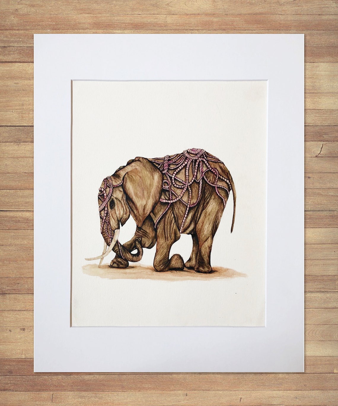 Golden Elephant in Ropes Acrylic Ink Drawing, Animal Drawing, Fine Art ...