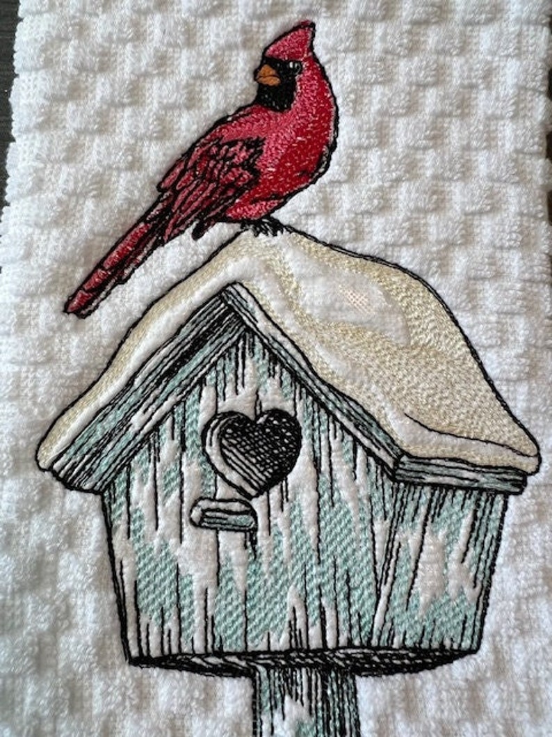 Cardinal Birdhouse Embroidered Kitchen Towel - Etsy
