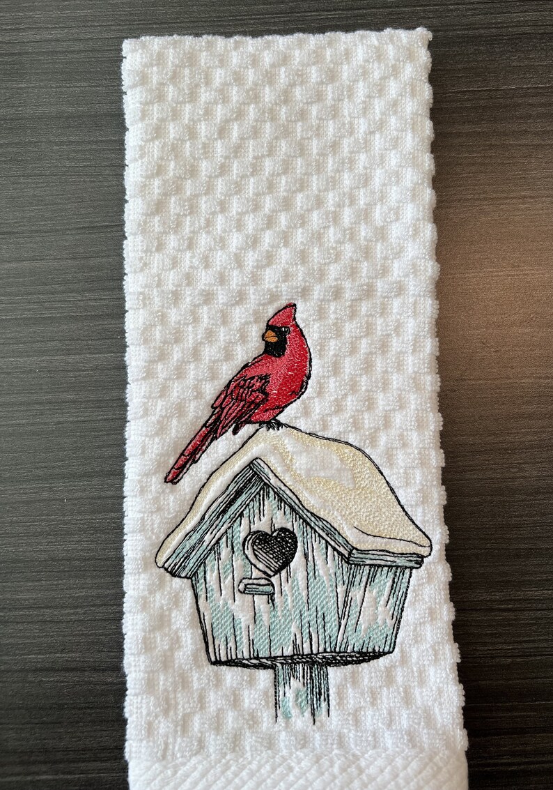 Cardinal Birdhouse Embroidered Kitchen Towel - Etsy