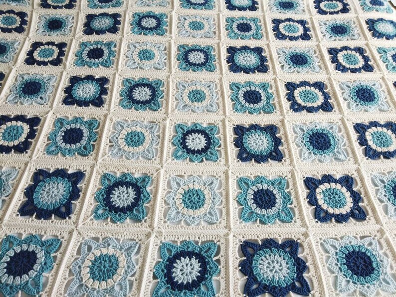 Seaside Blue Crocheted Afghan Blanket With Flowers, Handmade to Order ...