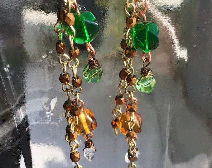 Chain Flowy Bohemian Chic, Green and Amber Drop Earrings Handmade by ...