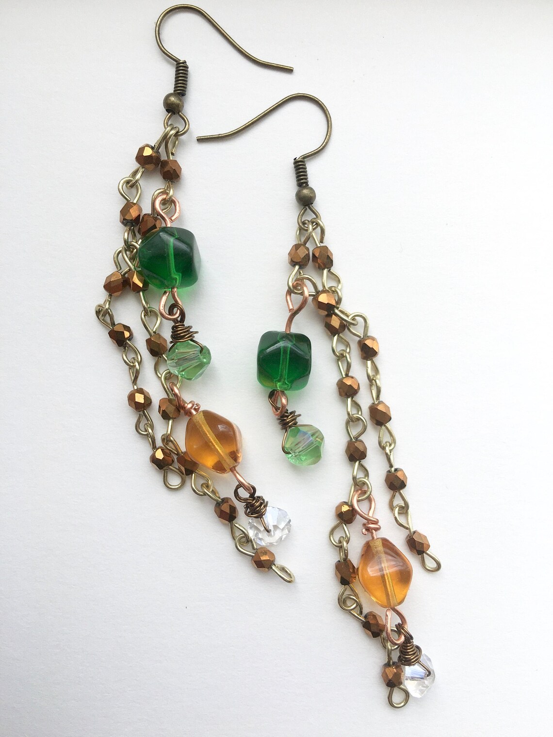 Chain Flowy Bohemian Chic Green and Amber Drop Earrings | Etsy