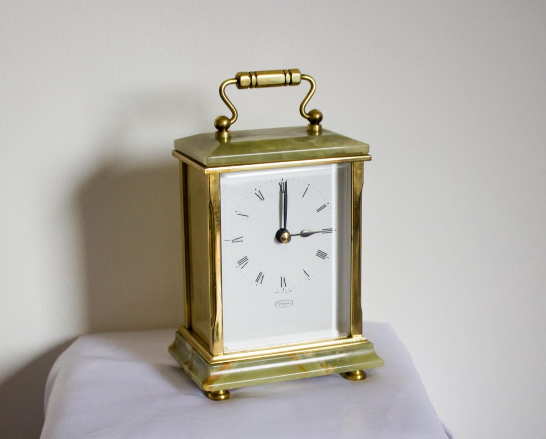 Stunning Marble Onyx Golden Brass Mantel Table Carriage Quartz Clock - Vintage Tempora Fine Art ...