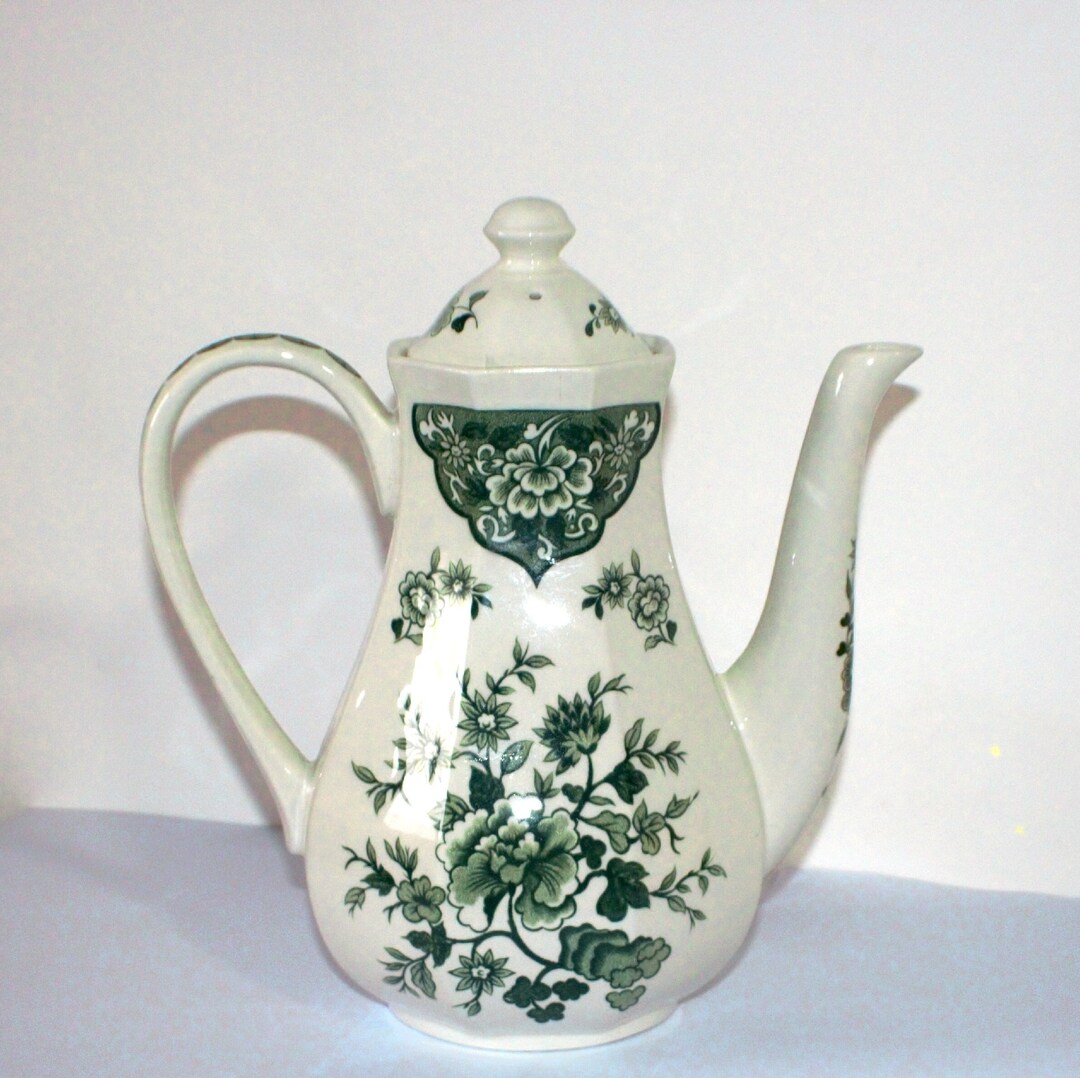 Vintage J G Meakin Teapot: Green Floral Ironstone Kettle, Staffordshire ...