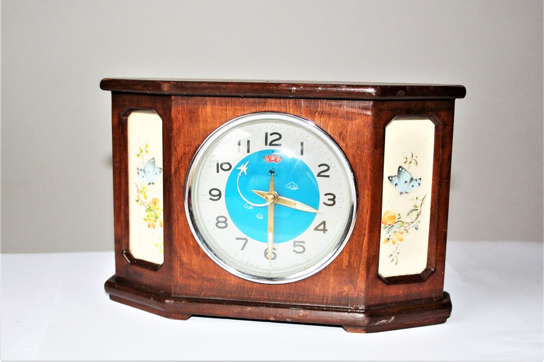 Vintage Mahogany Mantel Clock: Aviator Aeroplane, Floral Butterfly ...