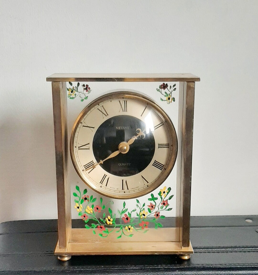 Vintage Metamec Floral Mantel Clock: Transparent Panel, Brass Carriage ...