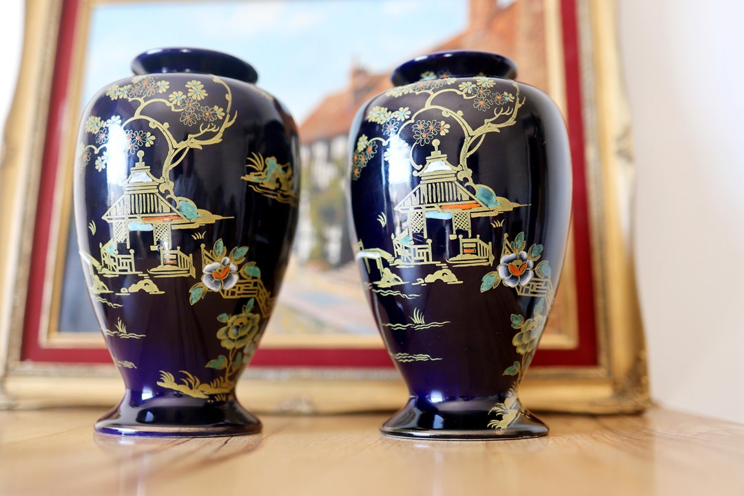 Vintage Bursley Ware Vases: Cobalt Blue & Gold Japanese Decor - Etsy