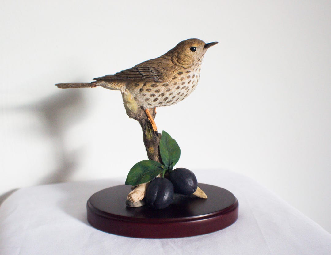 Handmade Song Thrush Figurine: Fine Art Pottery Bird on Wood Plinth ...