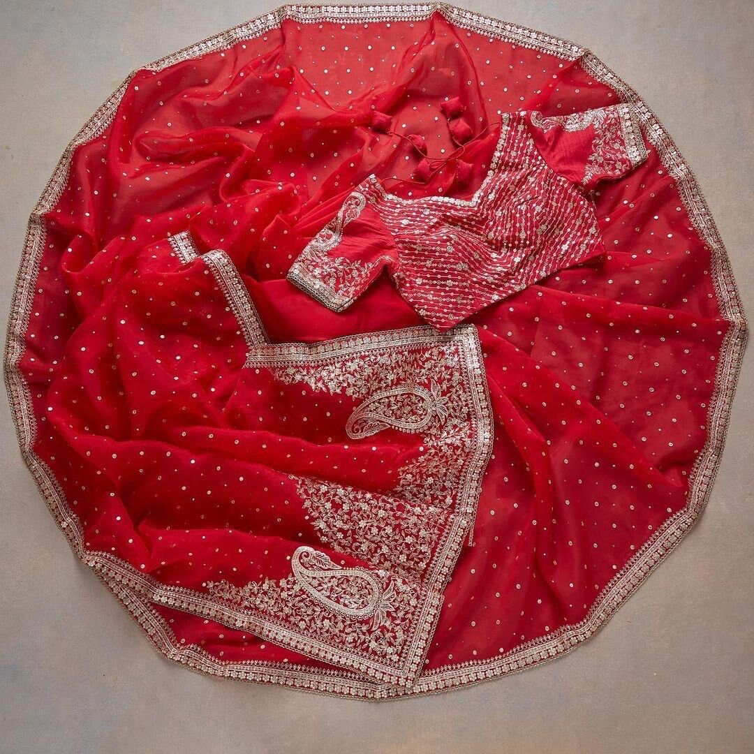 Red Color Beautiful Organza With Embroidery Sequence Work - Etsy