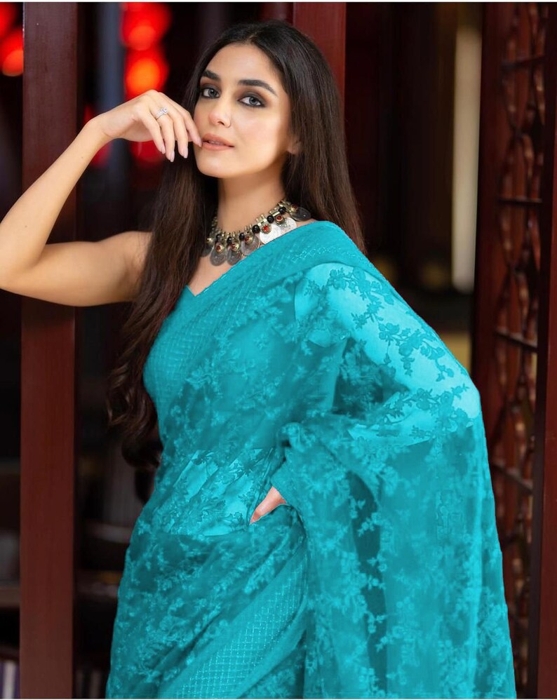 Sky Blue Colour Premium Super Net With Heavy Lucknowi Work - Etsy