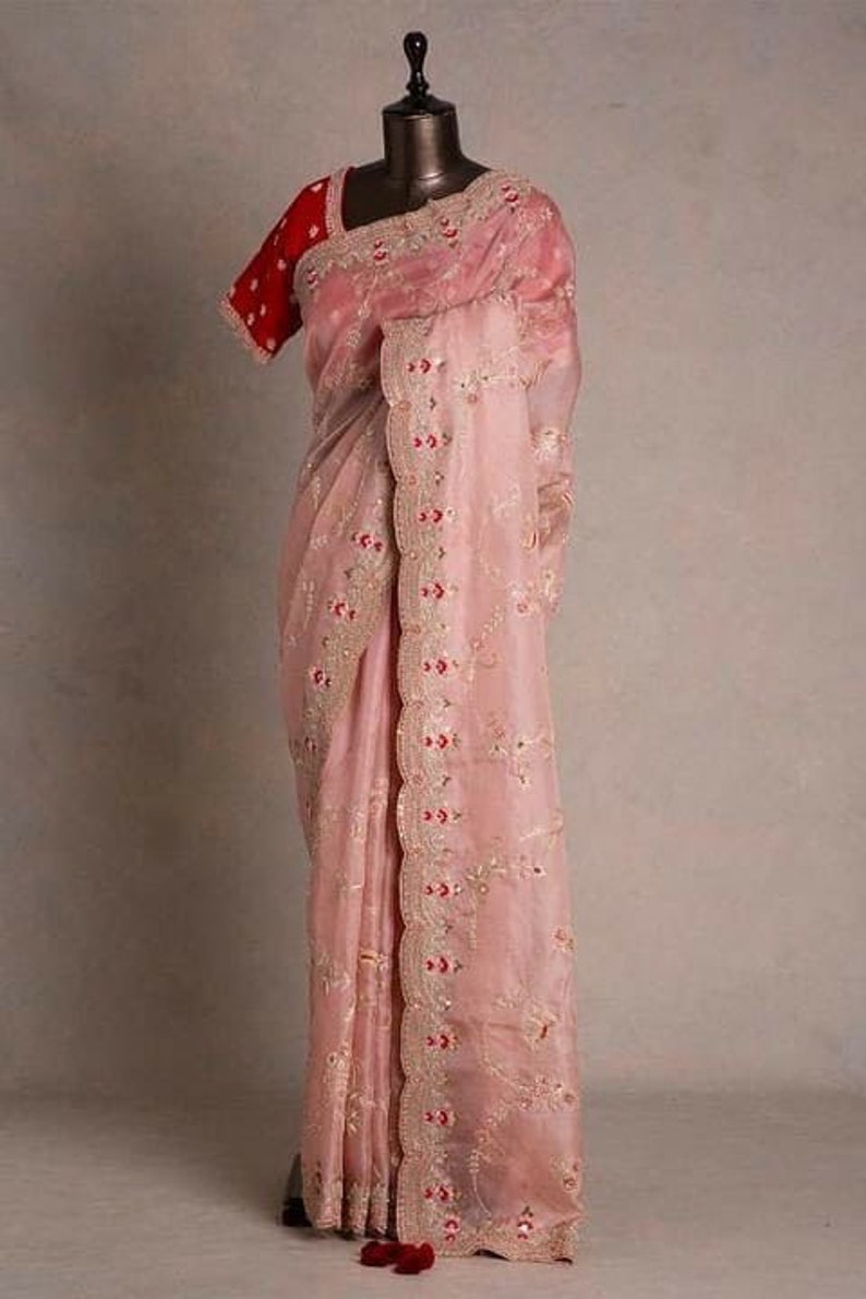 Baby Pink Colour Pure Khadi Organza Sareeembroidery Theead - Etsy