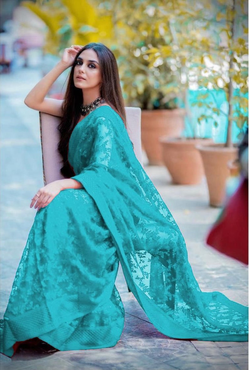 Sky Blue Colour Premium Super Net With Heavy Lucknowi Work - Etsy