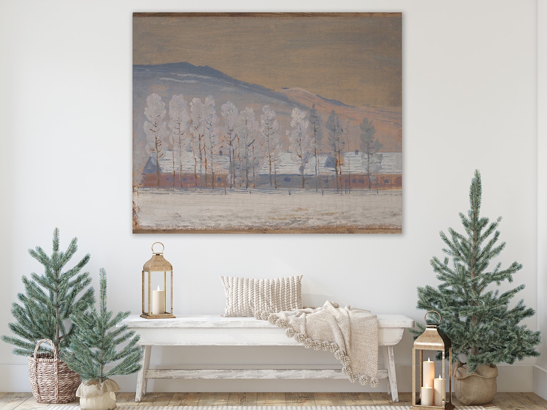 Large Muted Vintage Winter Mountain Scene of Cabins and Snowy Trees ...
