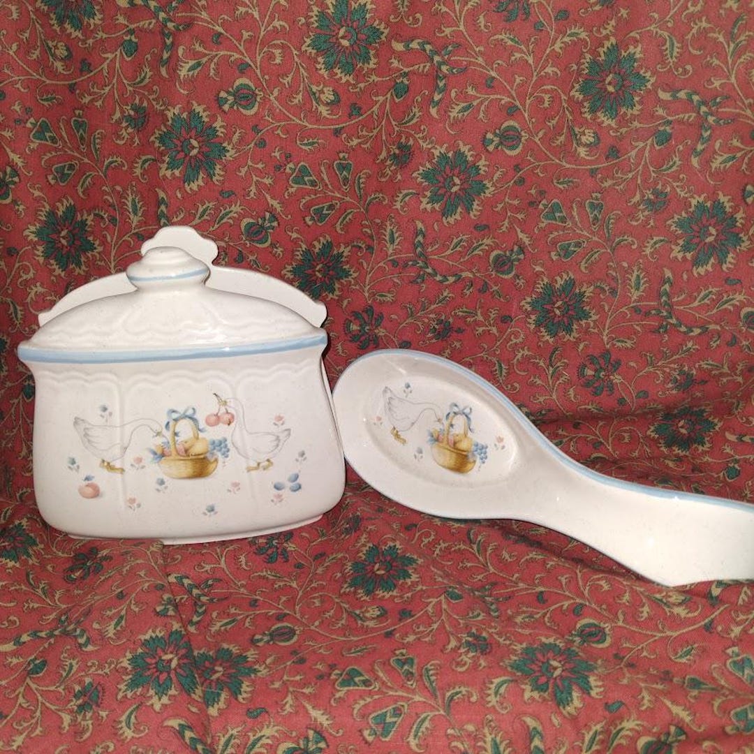 Vintage International Stoneware Blue Geese With Cherries Napkin Holder ...