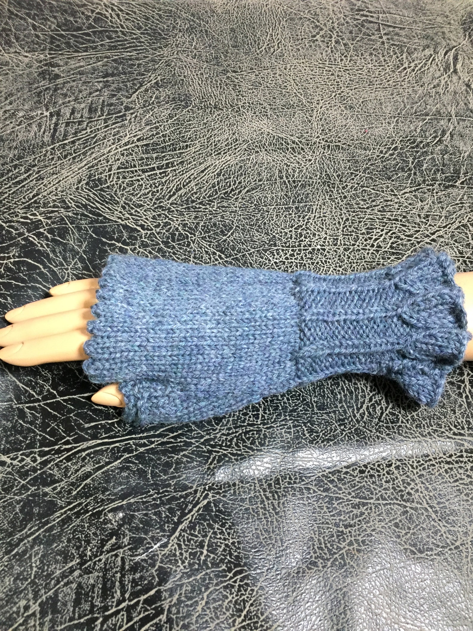 Hand Knit Wool Fingerless Mitts With Ruffled Cuffs, Denim Blue Color ...