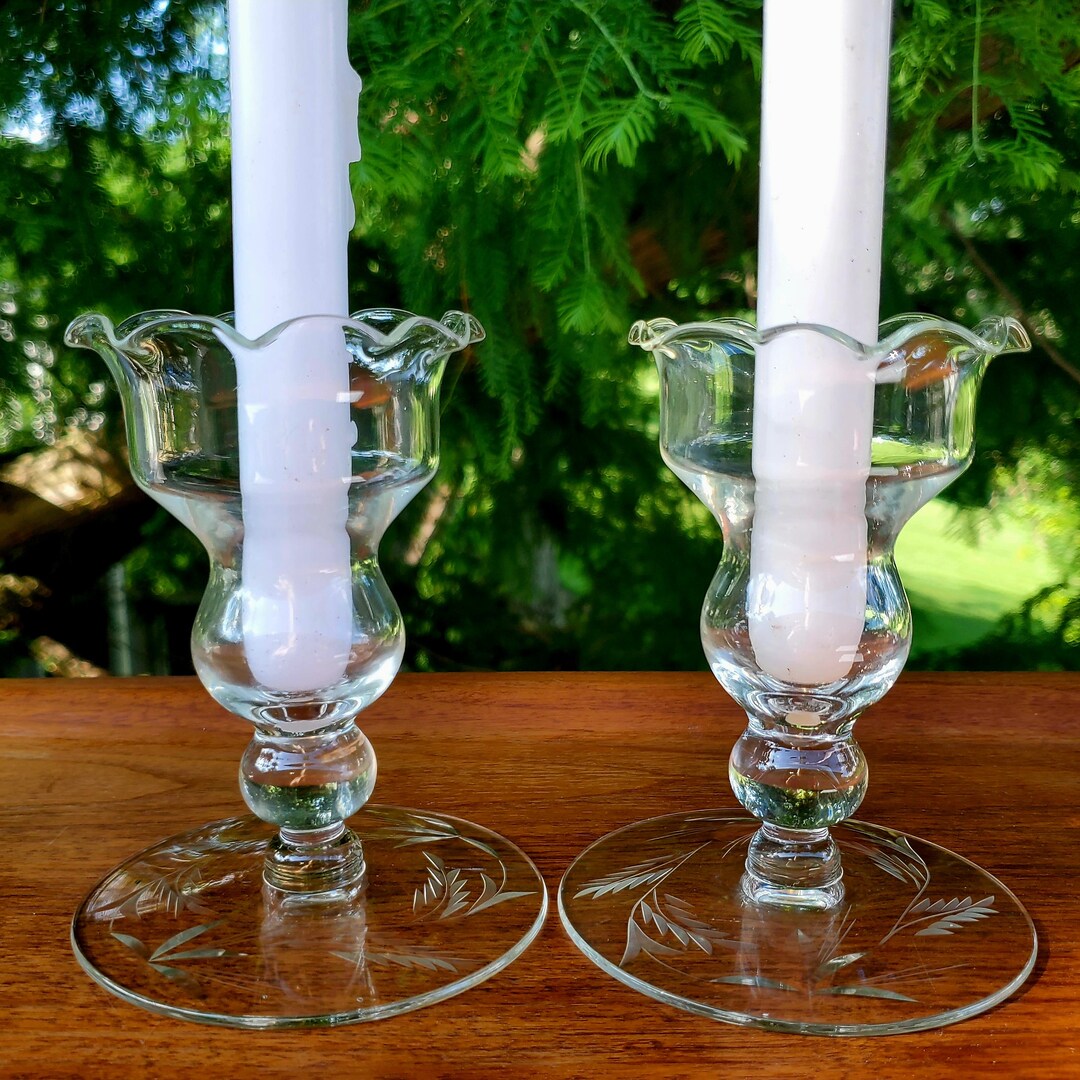 Vintage Candle Holders Cut Wheat Foot Ruffled Rim Clear Glass Dinner ...