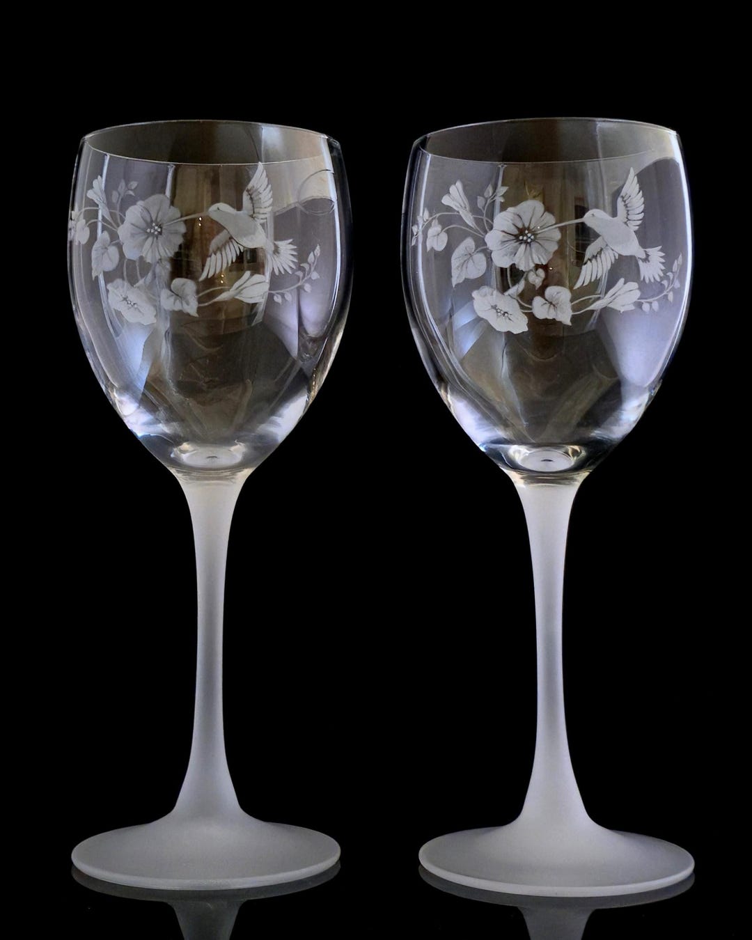 Hummingbird Goblets Wine Glasses Vintage Crystal Etched Frosted Avon ...