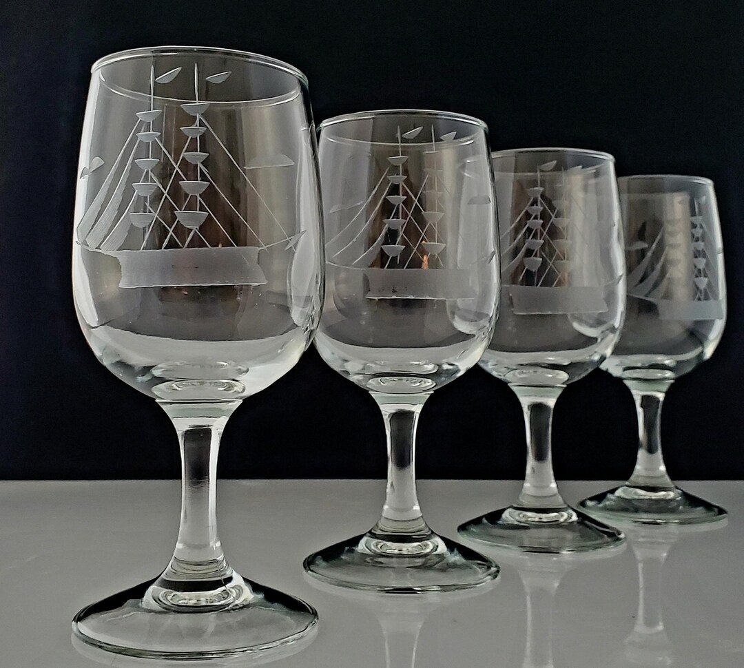 Clipper Ship Wine Glasses Javit Etched Cut Crystal Schooner Javit ...