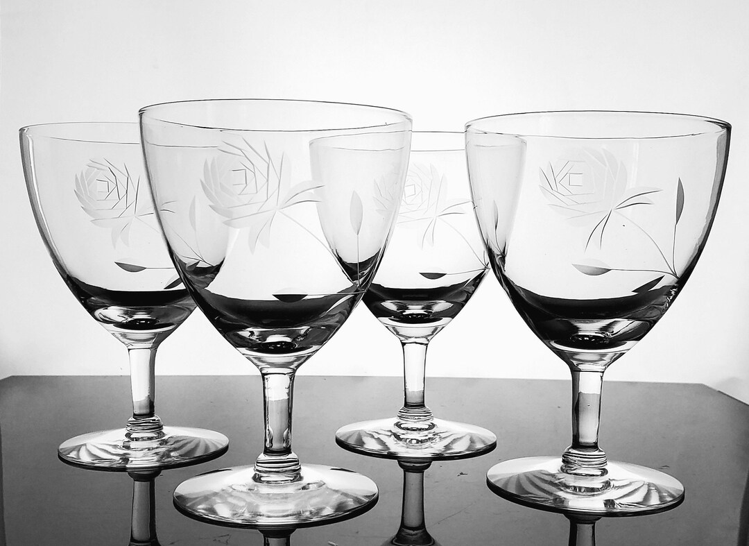 Vintage Rose Goblets Etched Cut Rose Crystal Wine Glasses Stemware ...