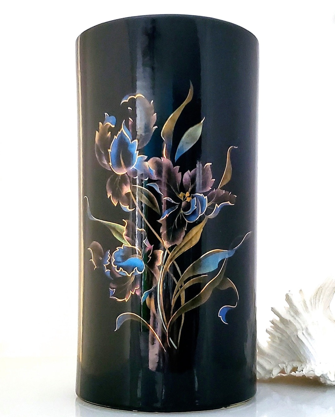Black Vase Vintage Contemporary Oriental Floral Large Cylinder Vase CP ...