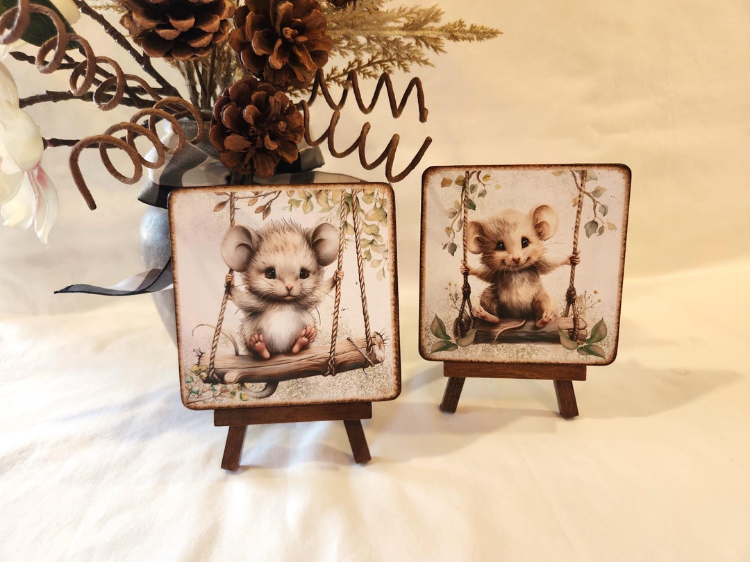 TREE SWING MOUSE Wood Sign, Cute Mouse Art Sign, Spring Tiered Tray ...