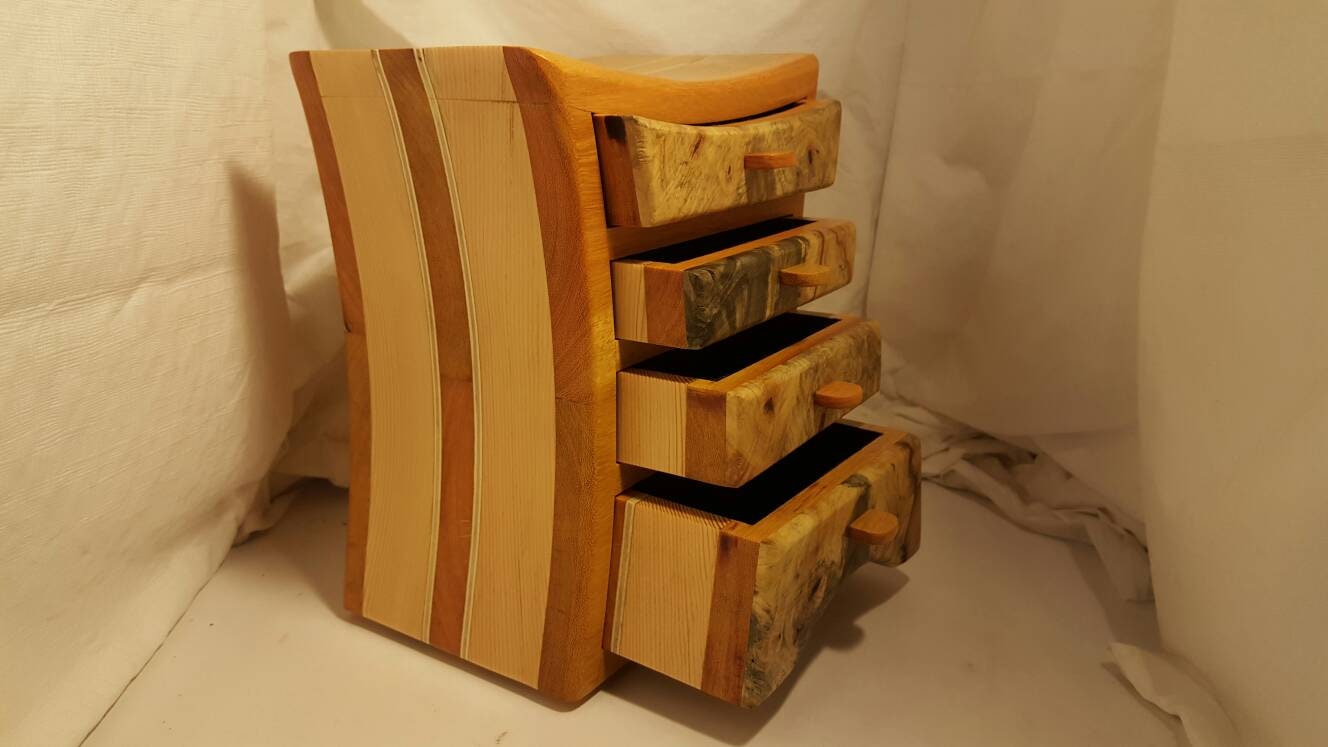 Jewelry box made from Osage orange, Douglas fir, luan, and buckeye burl