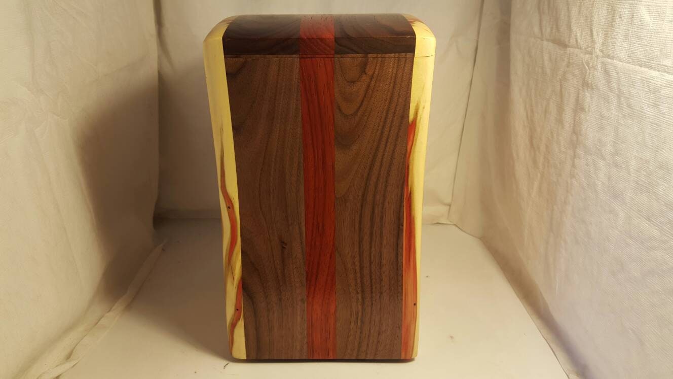 Bandsaw box made from red flame box elder, padauk, and walnut
