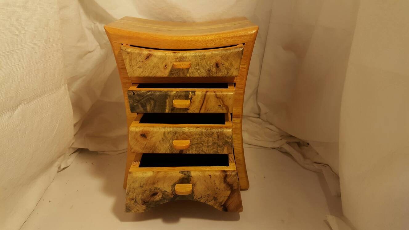 Jewelry box made from Osage orange, Douglas fir, luan, and buckeye burl
