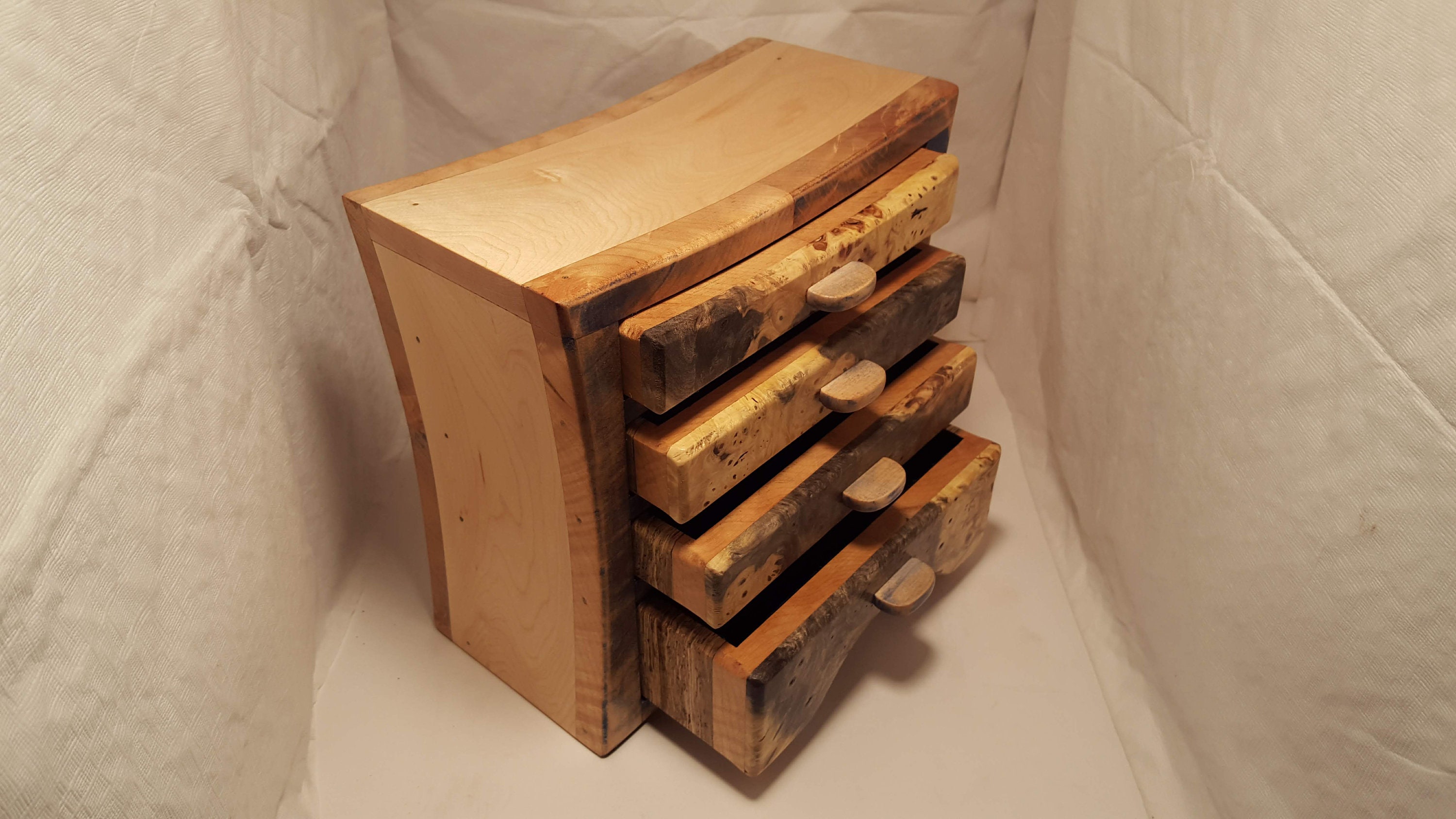 Jewelry box made from maple, buckeye burl,and osb