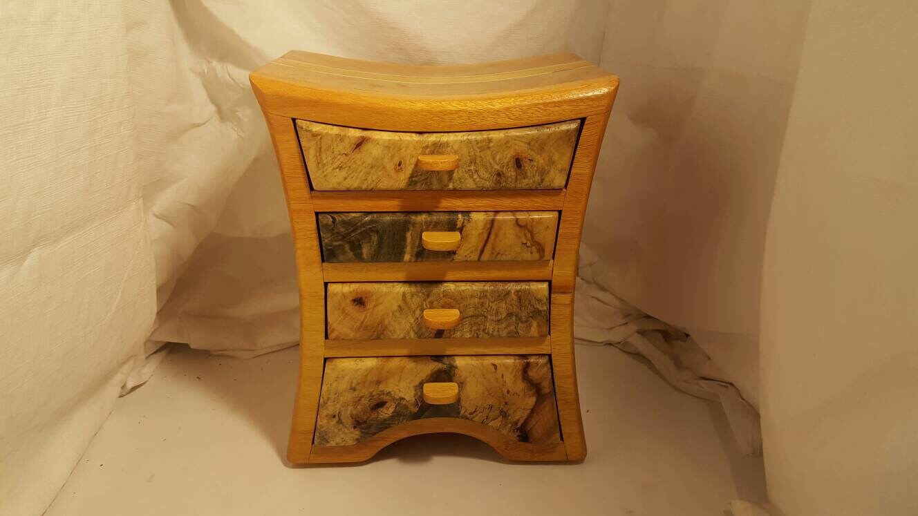 Jewelry box made from Osage orange, Douglas fir, luan, and buckeye burl