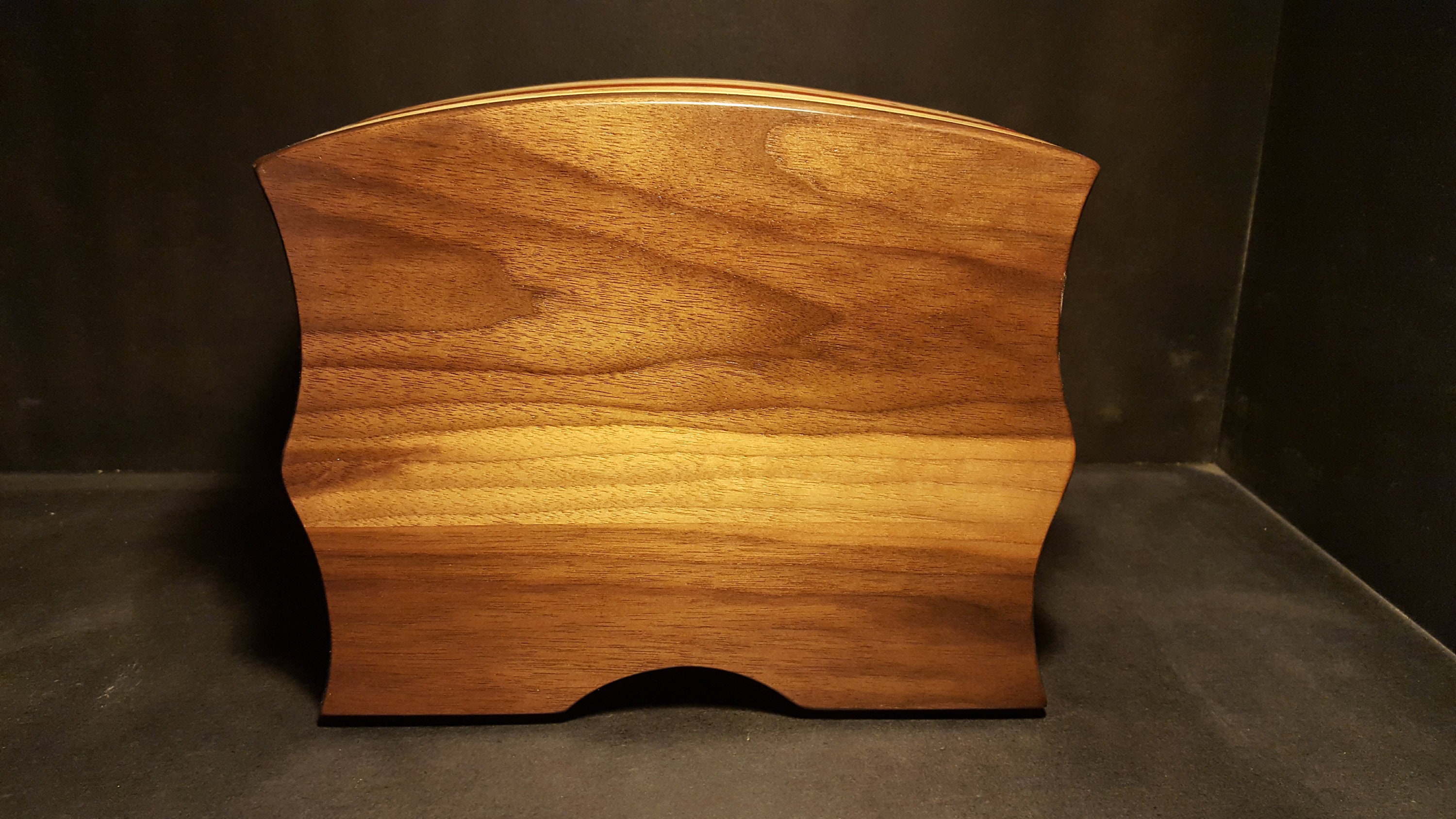 Jewelry box made from black walnut, red flame box elder, and padauk