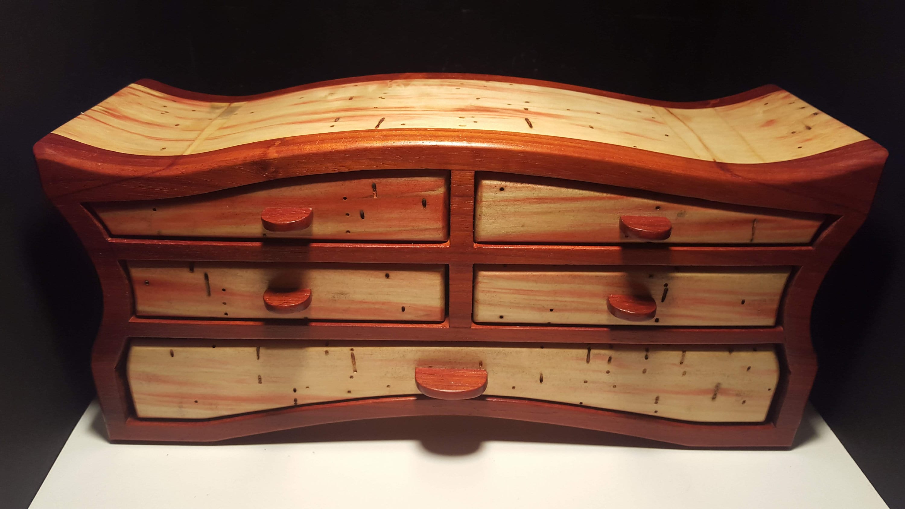 Jewelry box made from red flame box elder and padauk