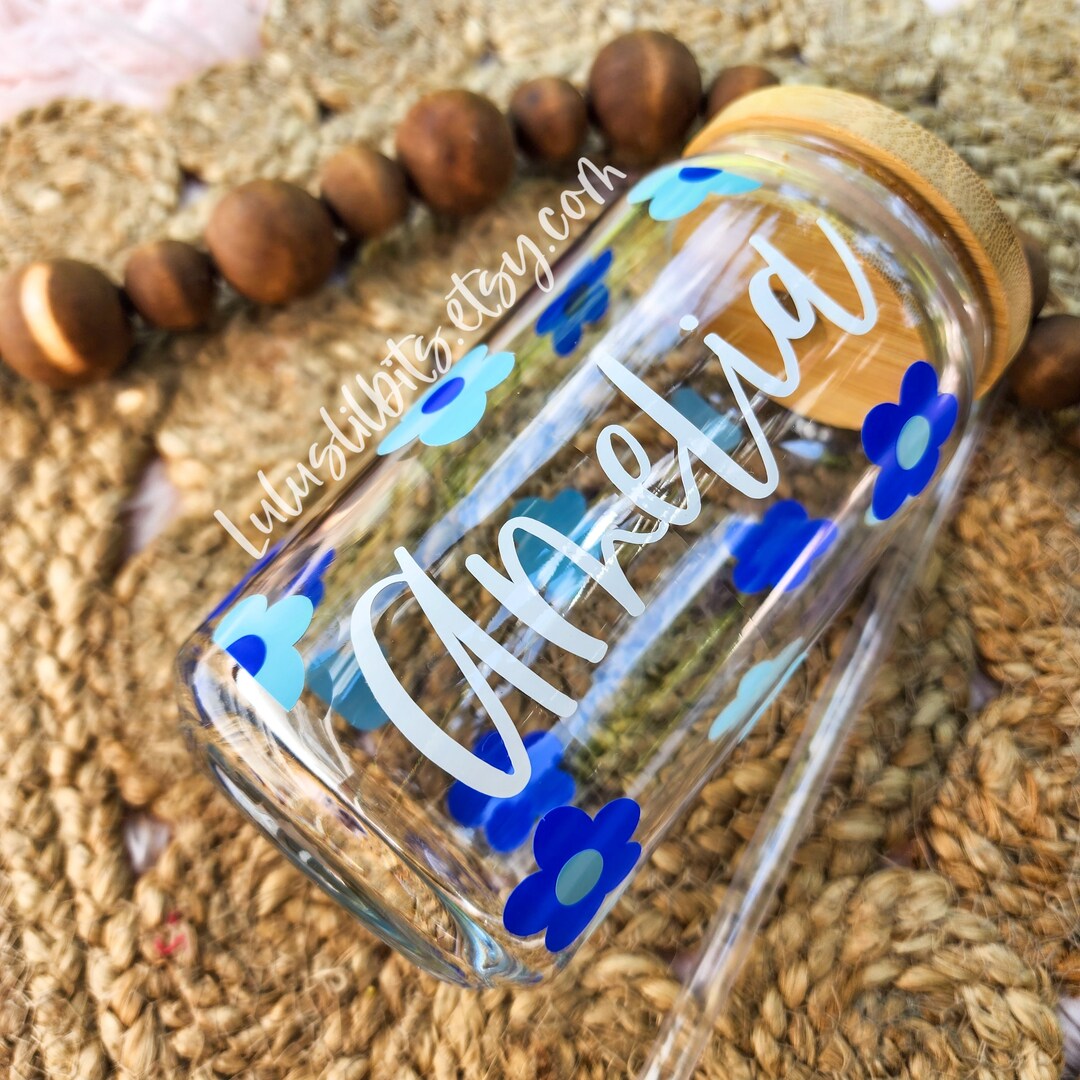 Personalized Blue Flower Glass Cup | Retro Iced Coffee Can (16oz) - Etsy