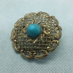 Vintage Gold Tone Turquoise Stone Round Scarf Pin Shawl Pin Costume ...