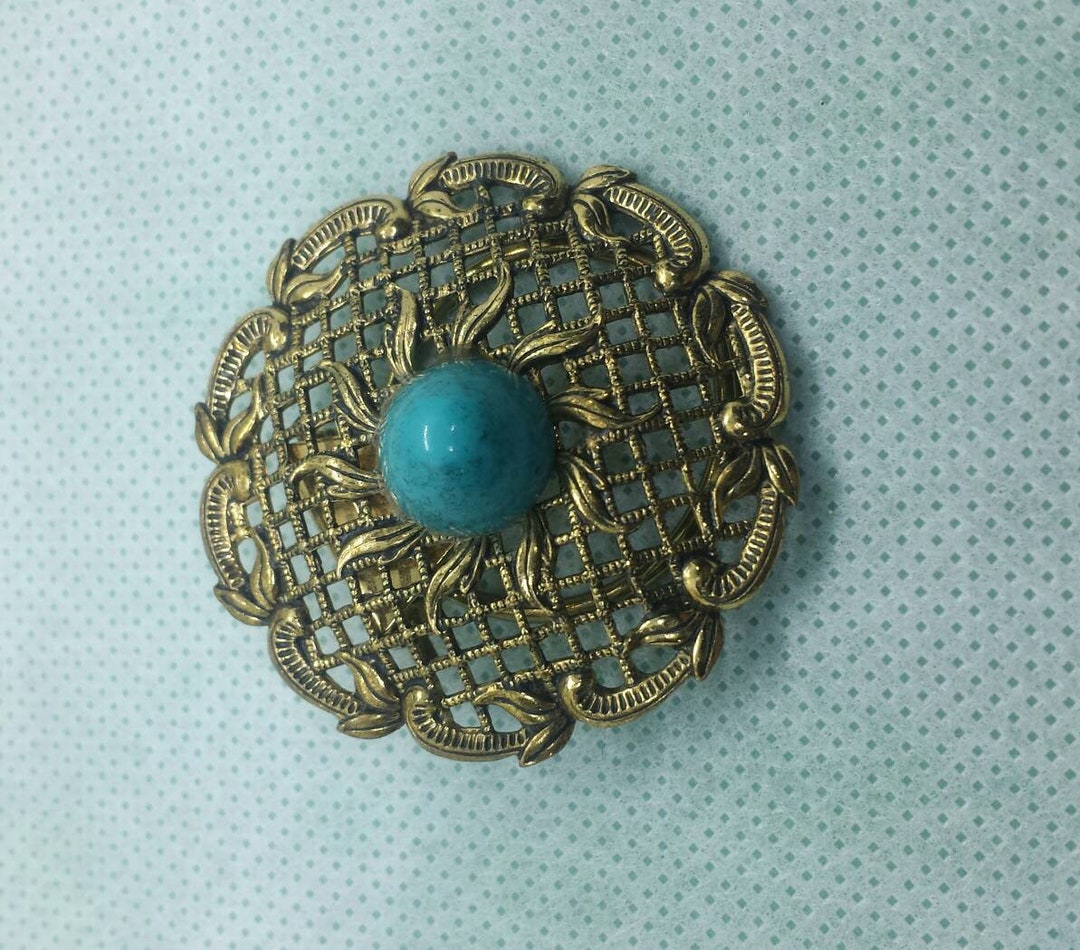 Vintage Gold Tone Turquoise Stone Round Scarf Pin Shawl Pin Costume ...