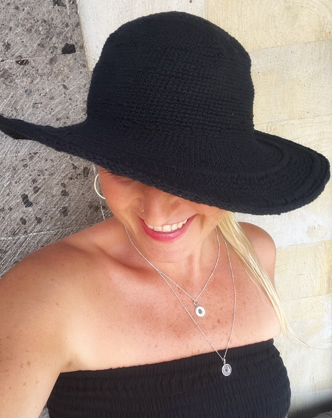 Boho Crochet Floppy Sun Hat Black 70s Handmade, Hippie Summer Beach Hat ...