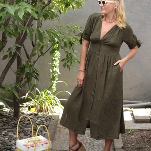 Women's Summer Dress Olive Green, Muslin Dress Midi, Casual Cottagecore ...