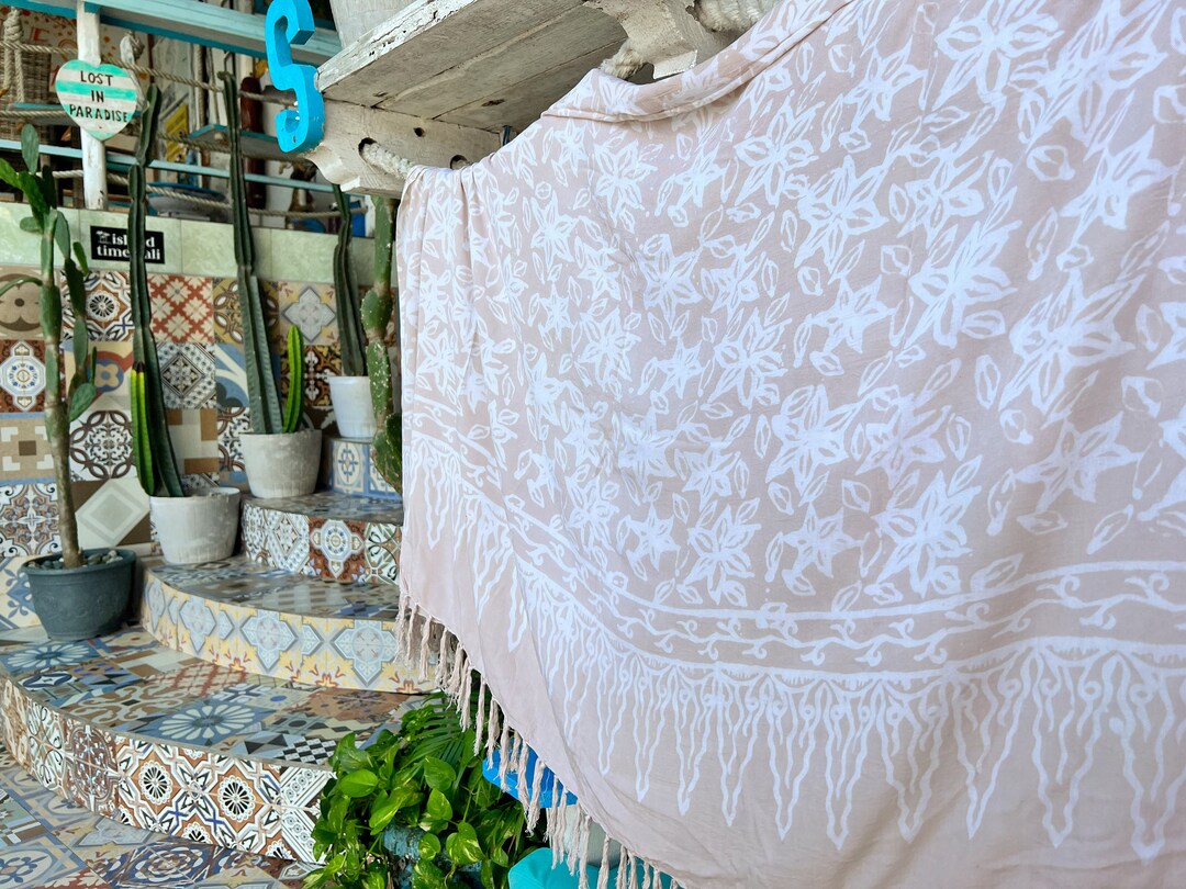 Beige White Floral Tie Dye Sarong Beach Towel Resort Wear Swimsuit ...