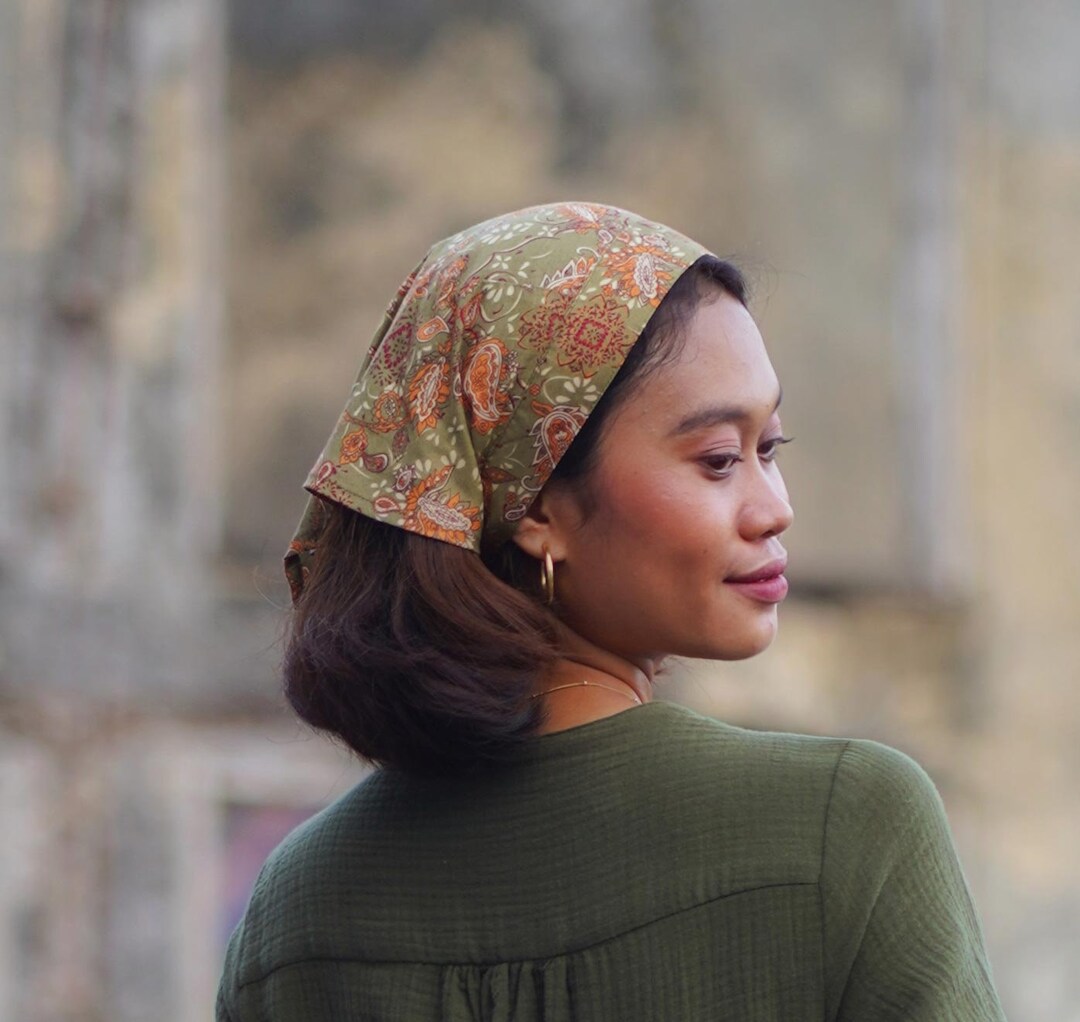 Boho Triangle Head Scarf Floral Olive Green, Kerchief Bandana Sun Head ...