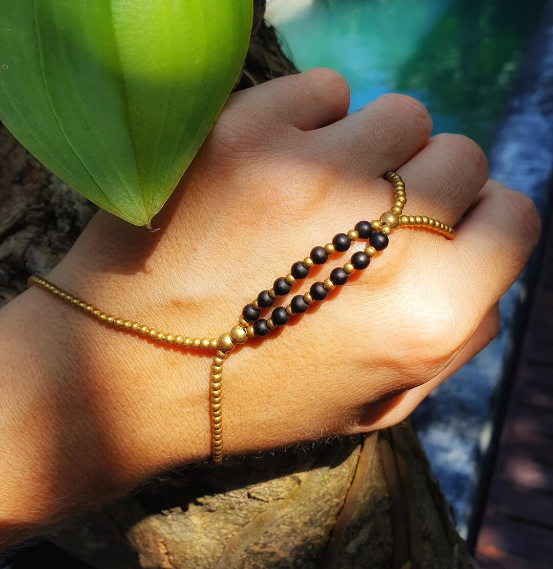 Boho Hand Chain Volcanic Rock Brass, Bracelet Ring, Ring Chain Bracelet ...