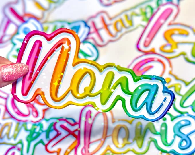 Custom Rainbow Sparkle Name Sticker - Water and Scratch Resistant ...
