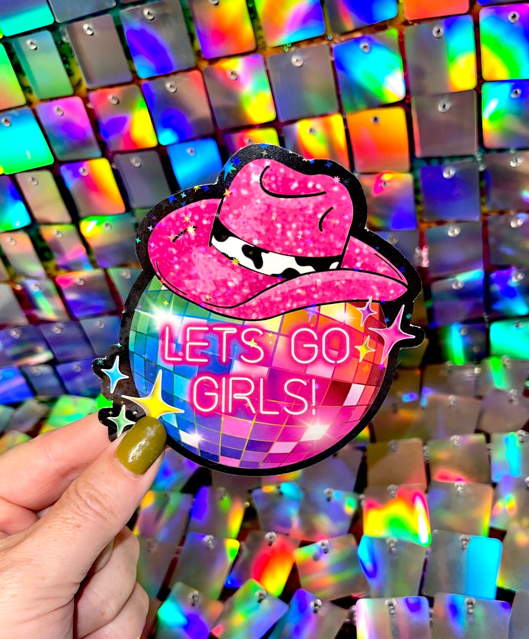 Lets Go Girls Sticker Neon Lights, Pink Glitter Cowboy Hat and Rainbow ...