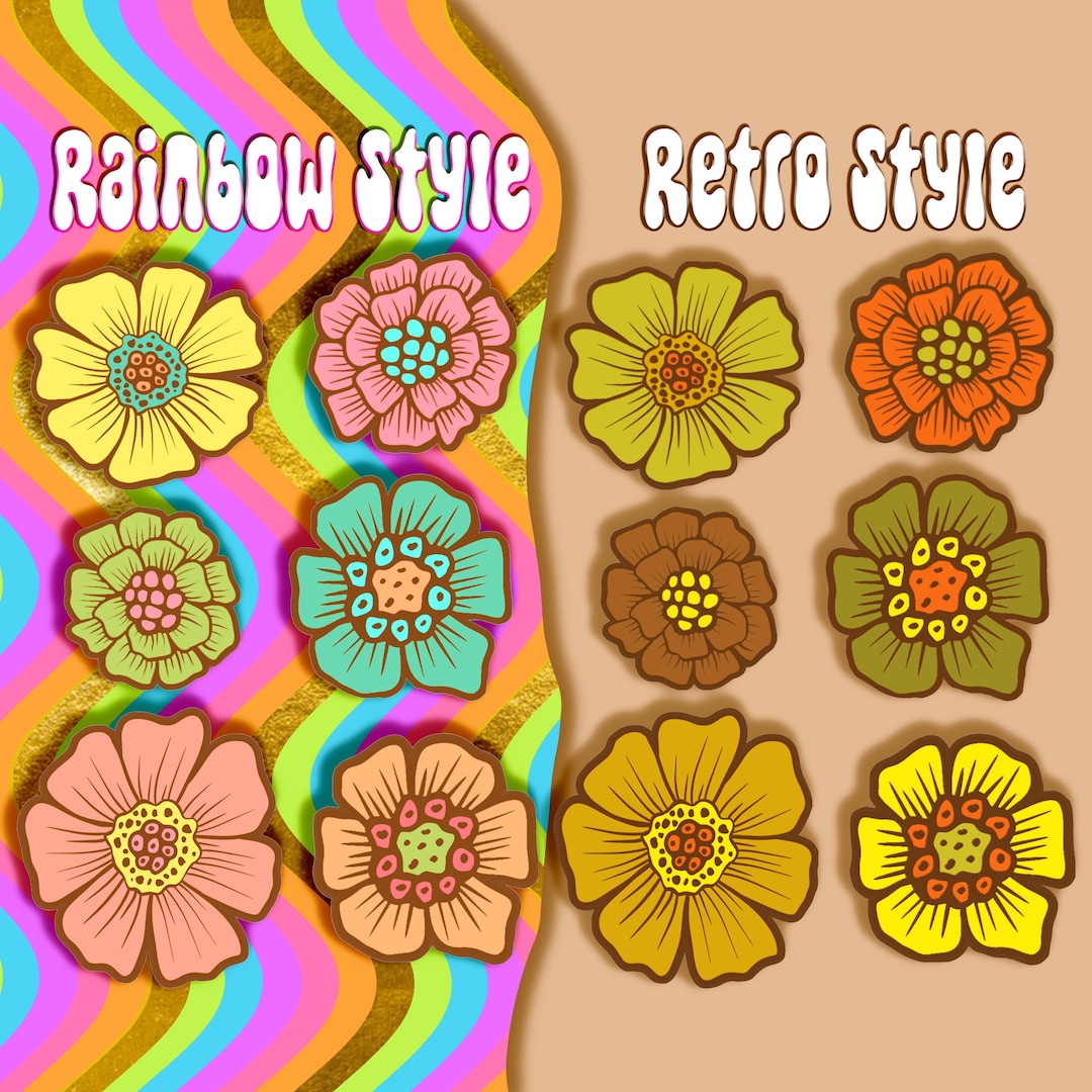 70's Style Rainbow Flower Sticker Pack Glitter Finish - 6 Flower ...