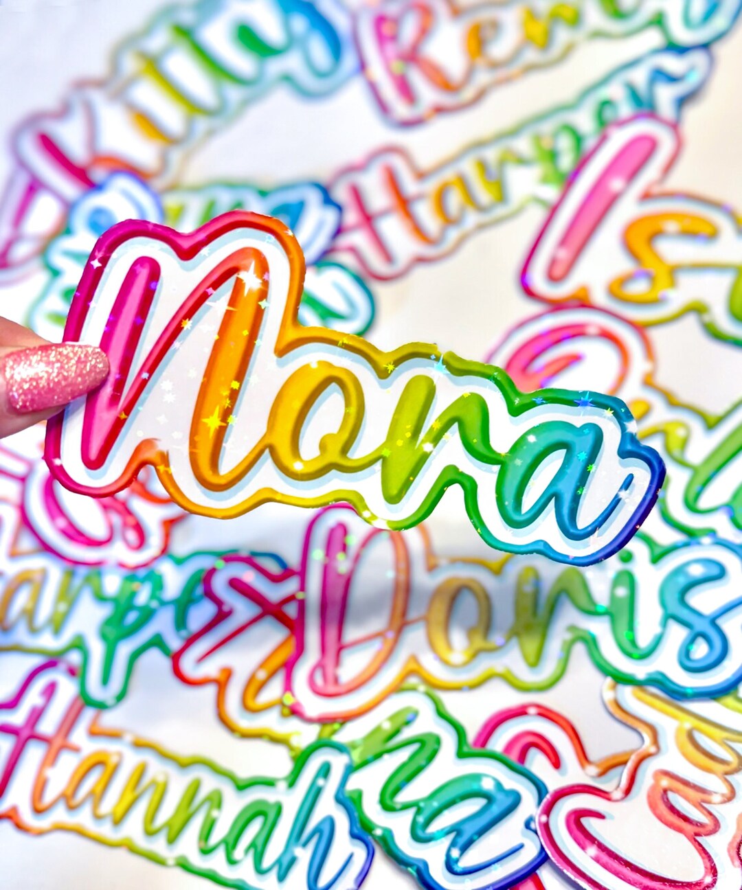 Custom Rainbow Sparkle Name Sticker - Water and Scratch Resistant ...