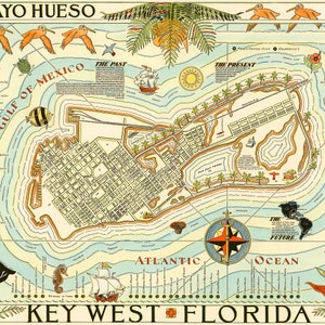 Vintage Map Key West, Key West Pictorial Map, Vintage Map Print, Old ...
